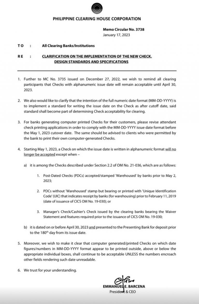Only checks compliant with the new PCHC format will be accepted for ...